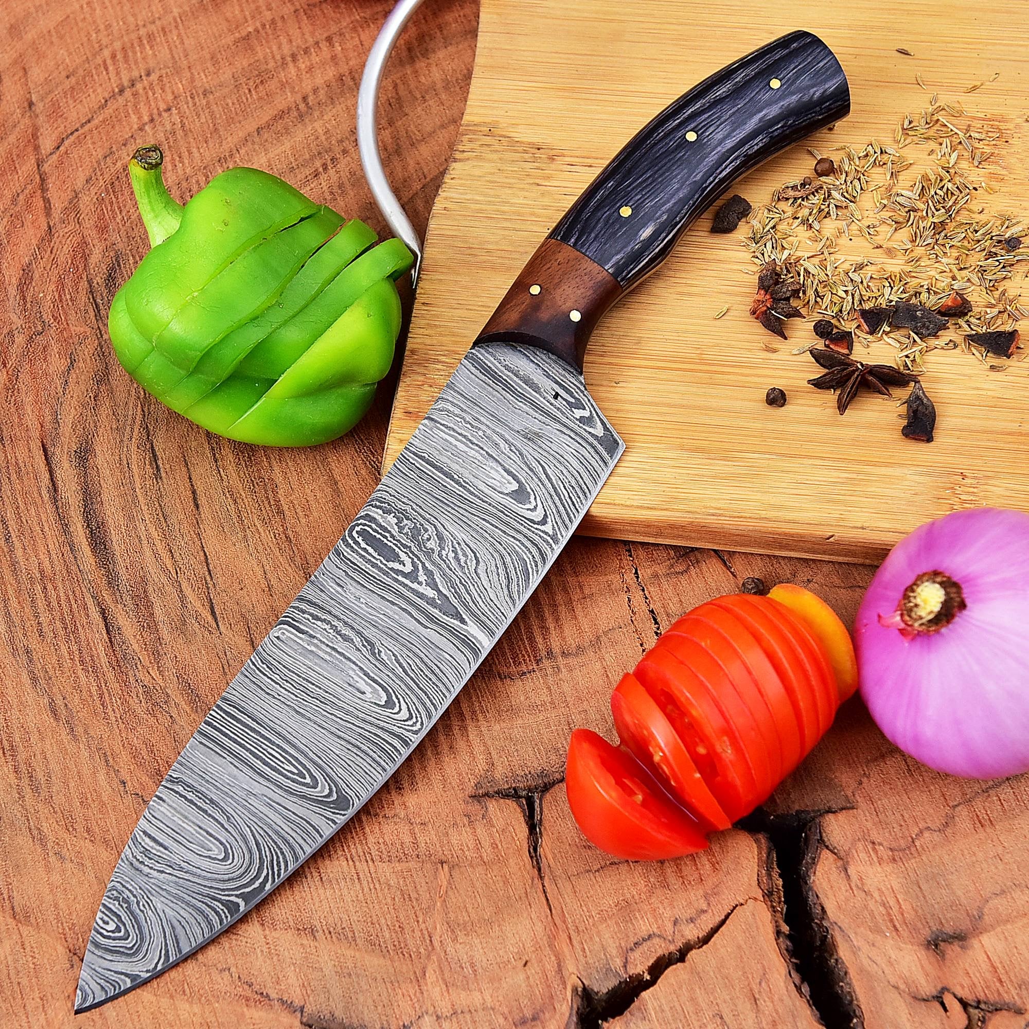 Artisan Twisted Damascus Steel Knife – Razor-Sharp Blade, Rosewood & P ...